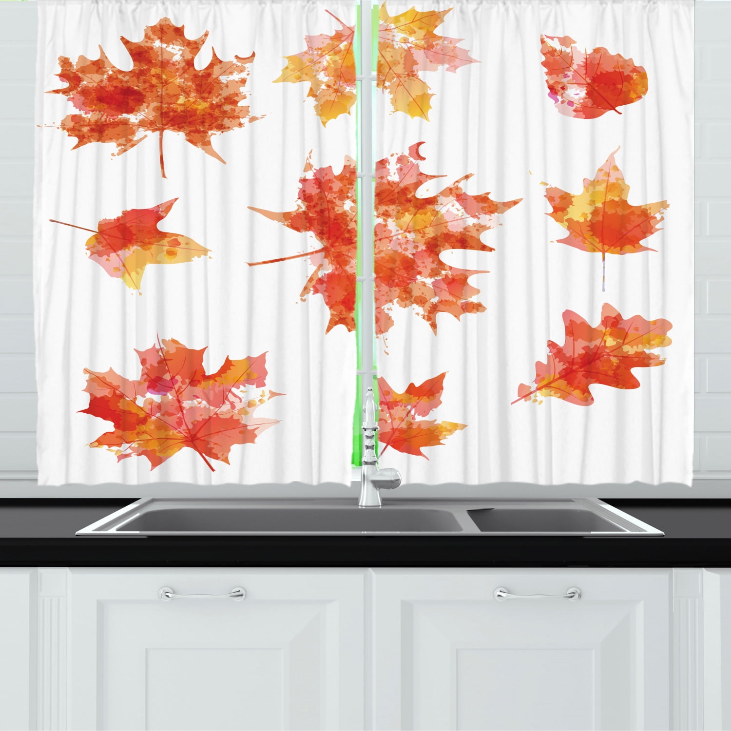 Leaves Curtains 2 Panels Set, Watercolor Effect Autumn Season Maple ...