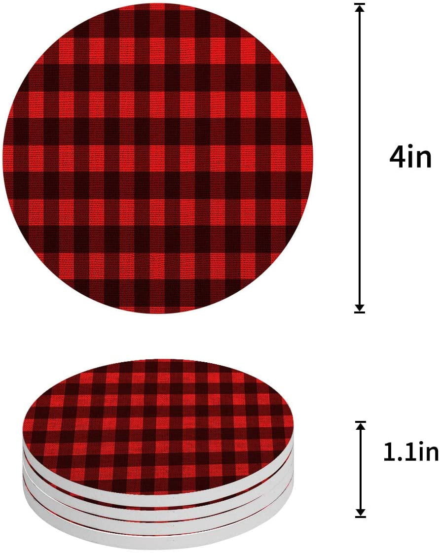 ZHANZZK Red and Black Check Plaid Set of 6 Round Coaster for Drinks ...