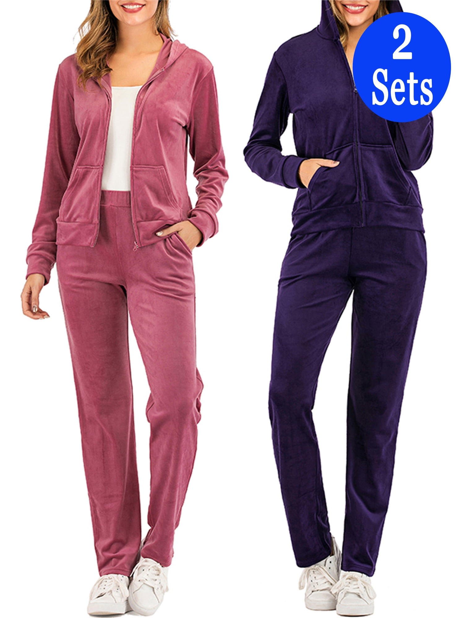 LELINTA Womens 2 Sets Velour Tracksuit Set Zipper Long Sleeve Hoodie ...