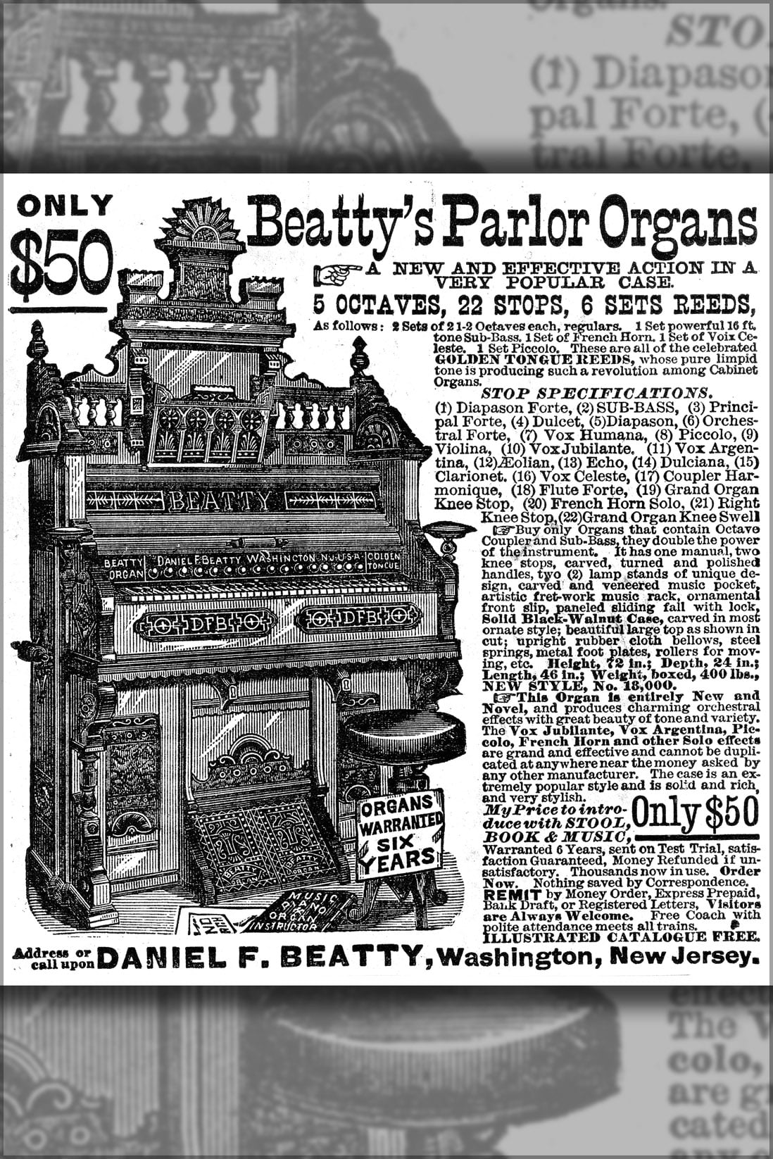 24"x36" Gallery Poster, Advertisement for Beatty's Parlor pump Organ ...