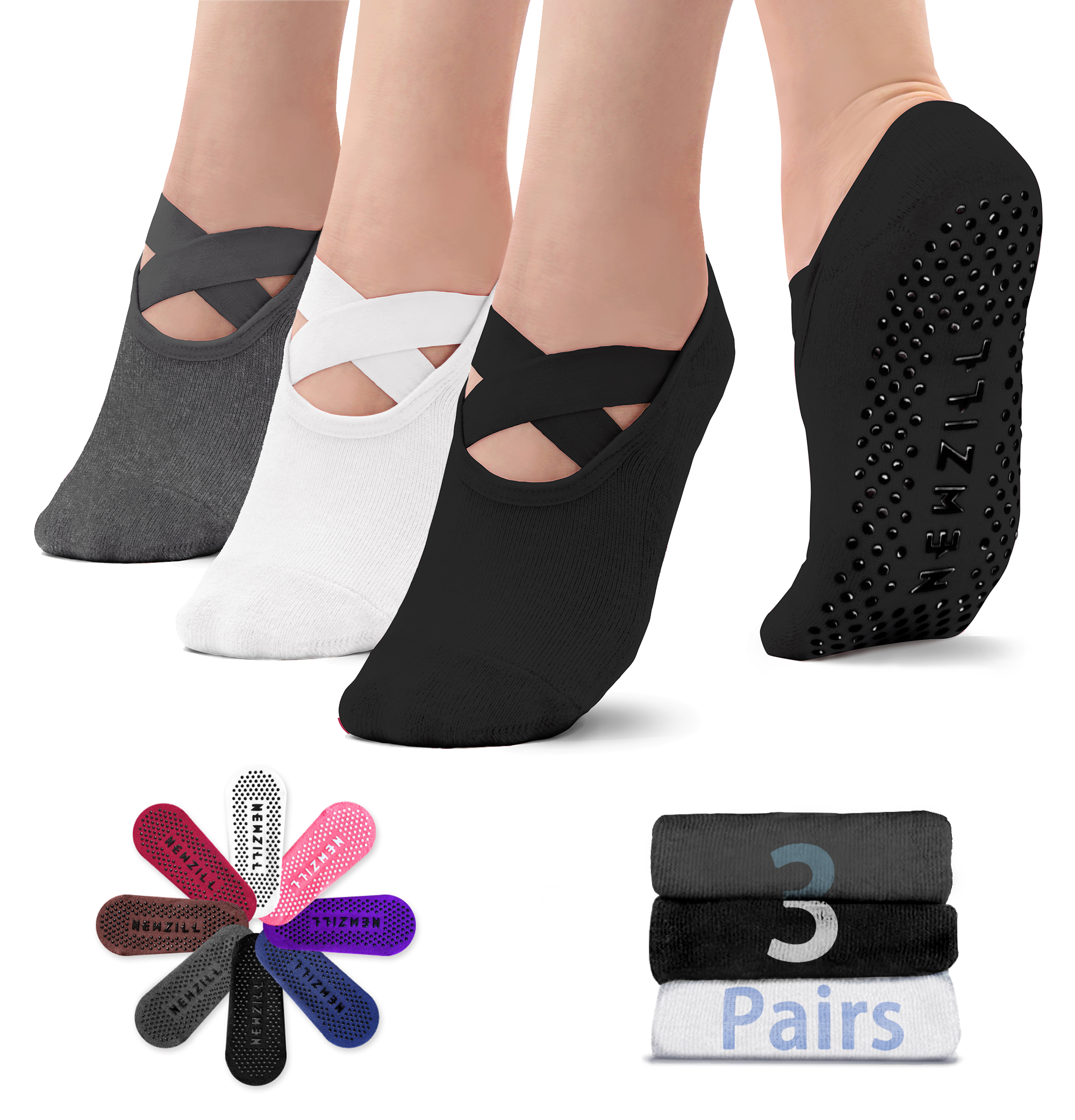 Black Non Slip Sock Bundle, 2 Styles, One Size, Pilates Strap Socks ...
