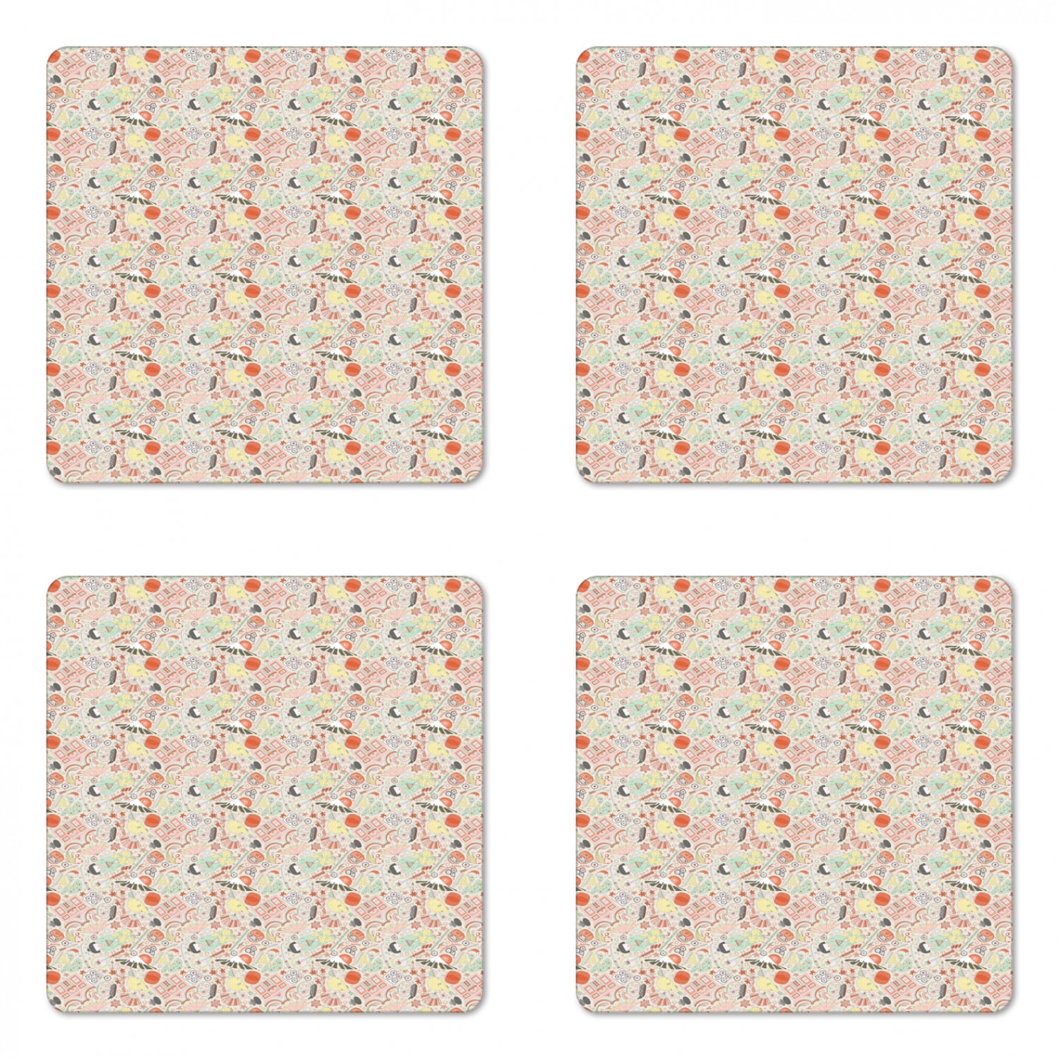 Japanese Coaster Set of 4, Doodle Koi Fish Sakura Bonsai Tree and ...