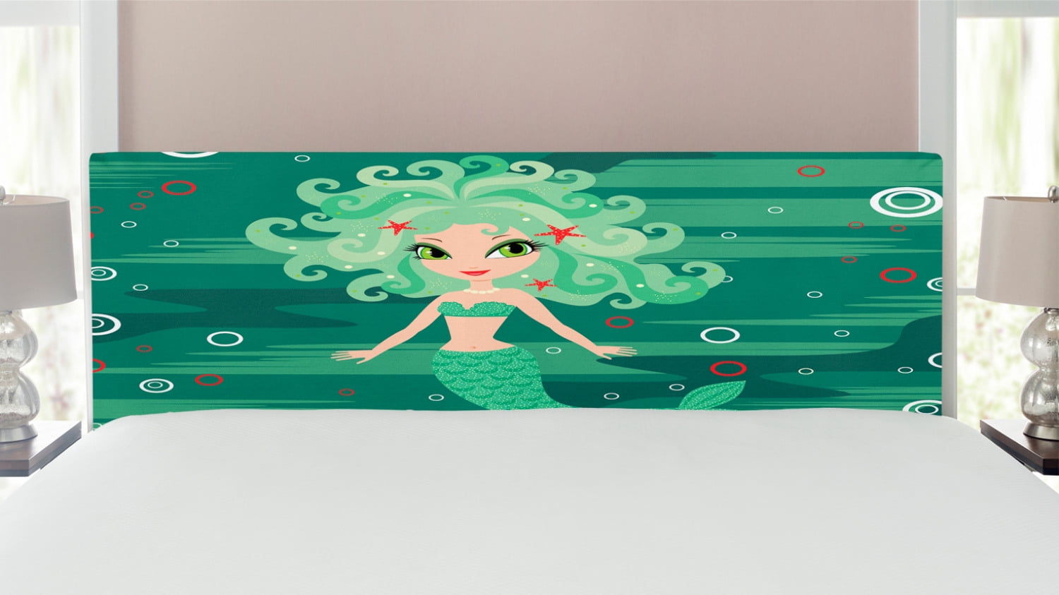 Underwater Headboard, Mermaid Cartoon Water Bubbles and Starfish Curly ...