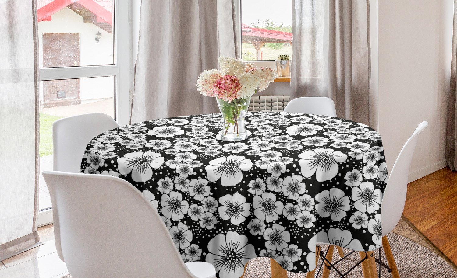 Vintage Round Tablecloth, Monochrome Nostalgia with Apple Blossoms and ...