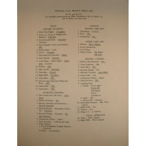 Boeing B-17 Flying Fortress 2-sided Checklist on Paper WW II Aviation ...