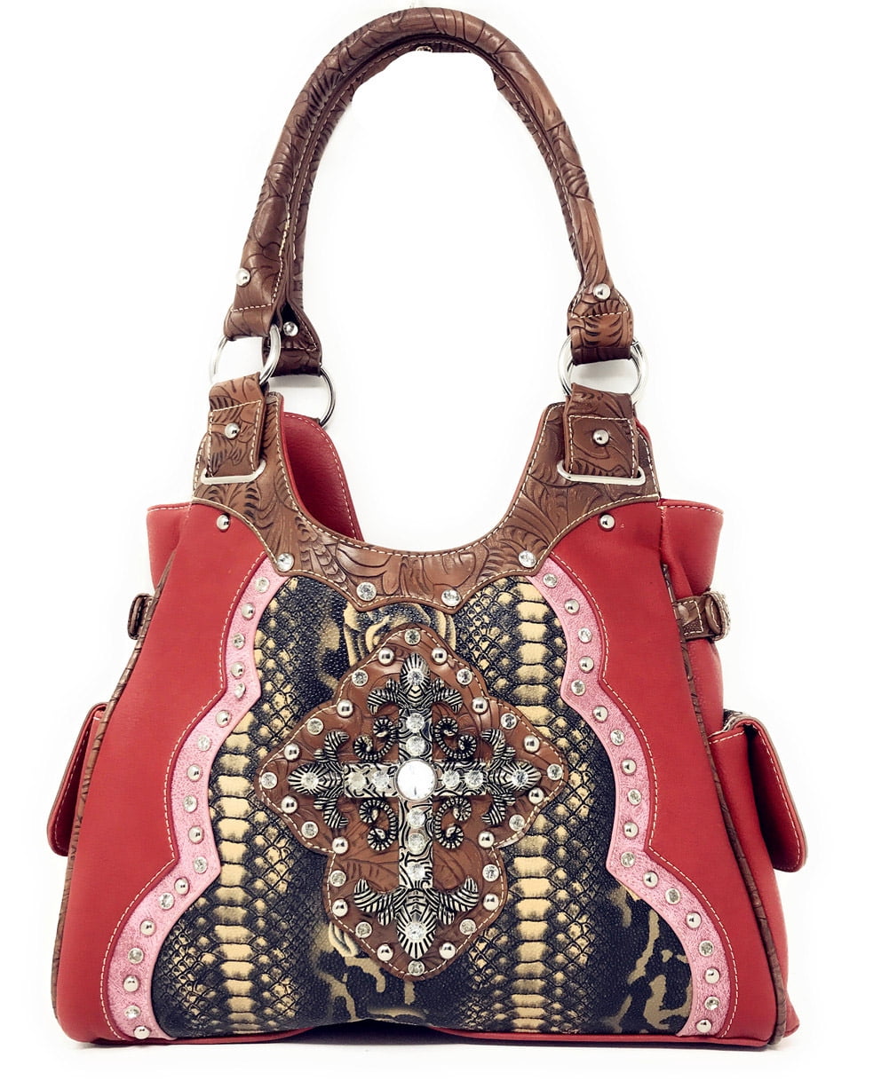 Rhinestone Studded Large Metal Cross Flora Leather Shoulder Handbag ...