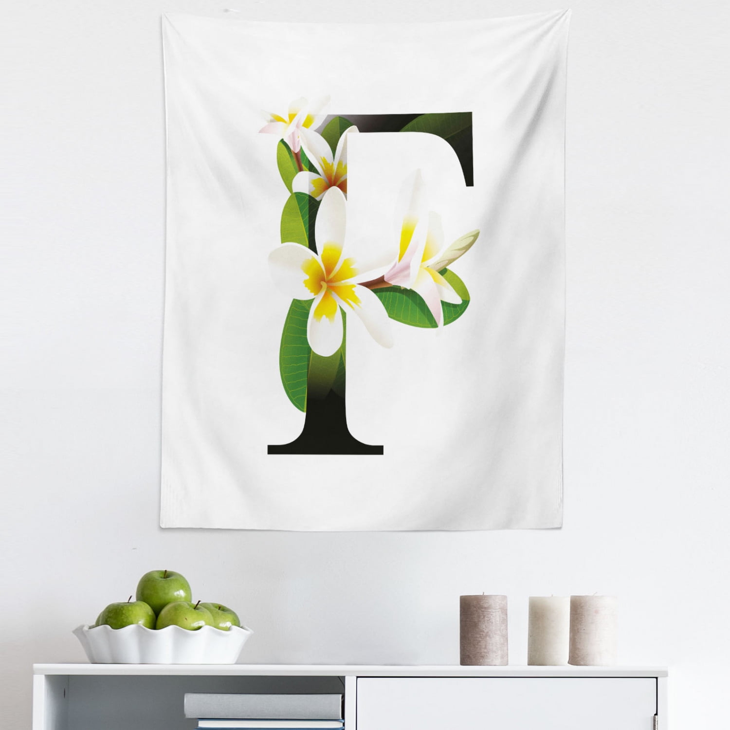 Letter F Tapestry, Frangipani Lively Green Leaves Vibrant Color Floral ...