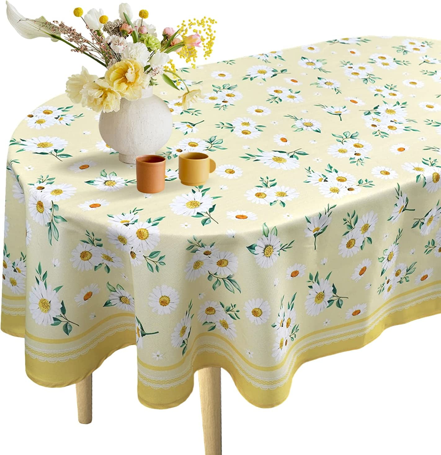 Daisy Floral Oval Tablecloth 60 x 84, Yellow White Floral Spring ...
