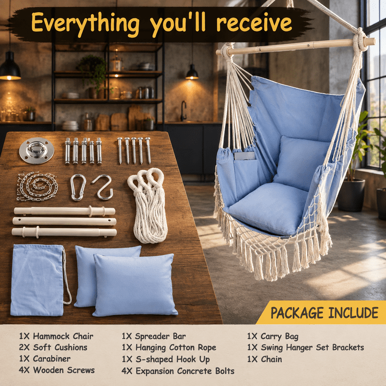 Blue/White XX-Large Hanging Hammock Chair Swing with Cushions and ...