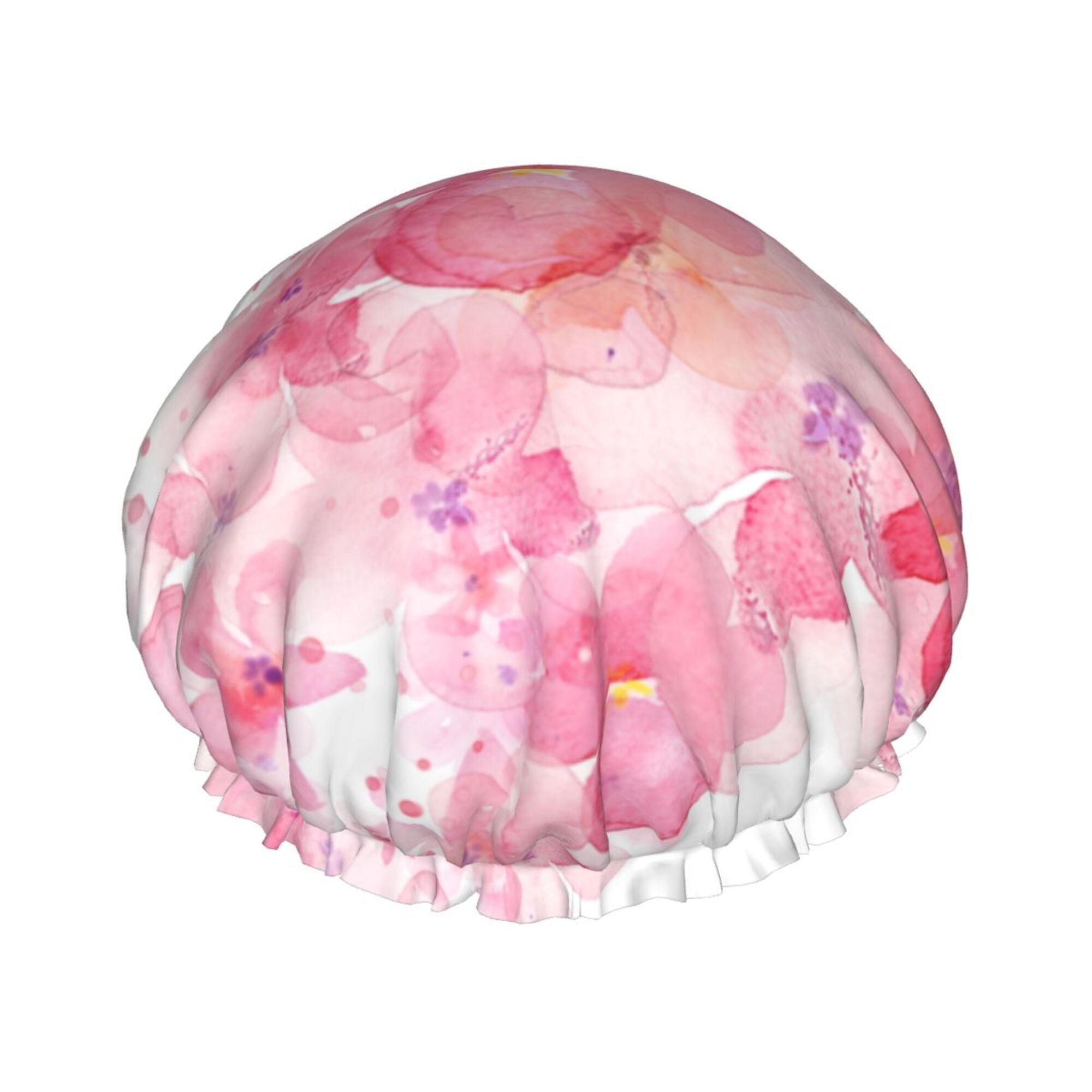 YFYANG Women's Double Waterproof Shower Cap, Pink Watercolor Flowers ...