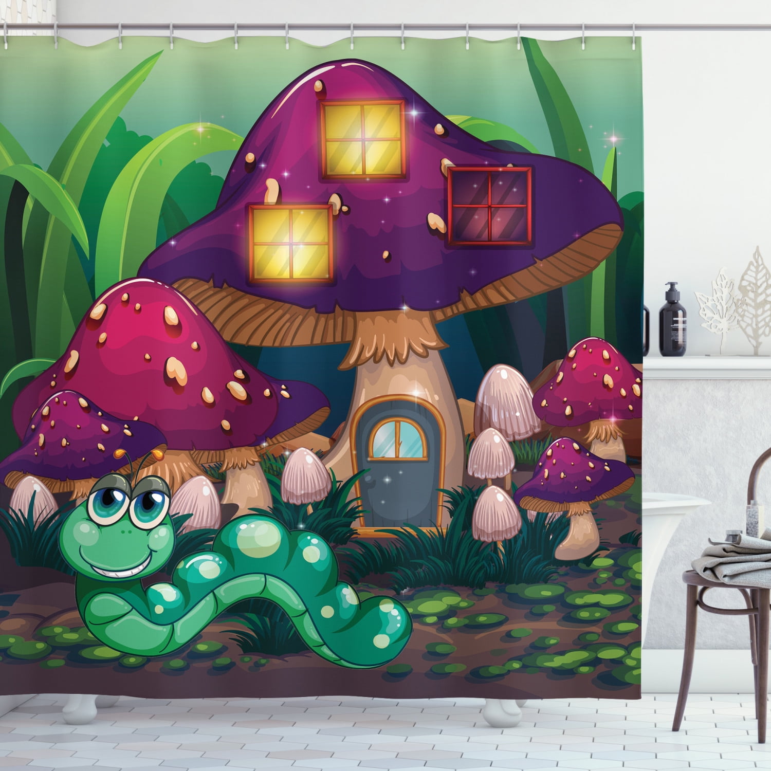 Mushroom Decor Shower Curtain Set, Illustration Of A Long Worm Near The ...