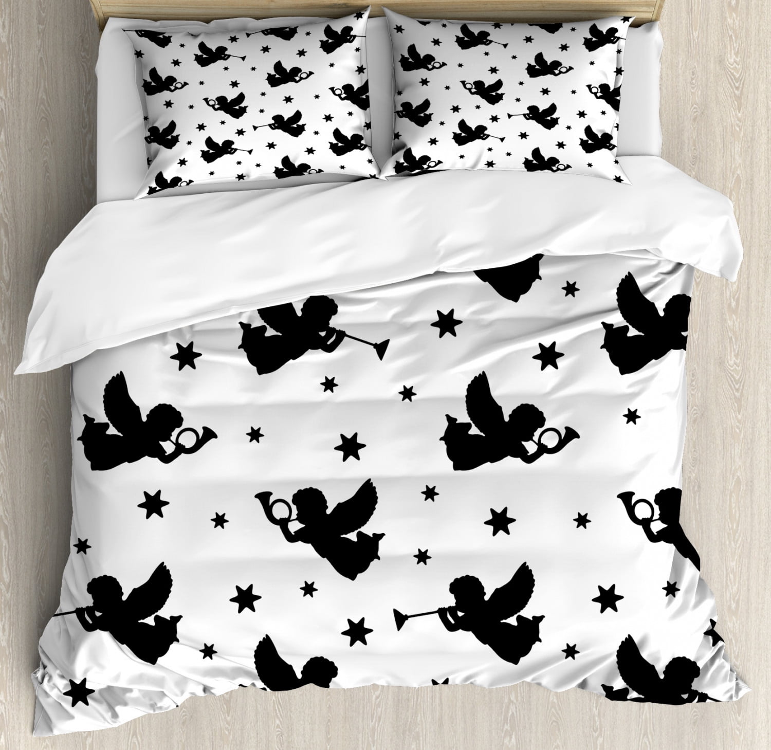 Angel Duvet Cover Set Queen Size, Cupid Icons with Trumpets Angels Sky ...