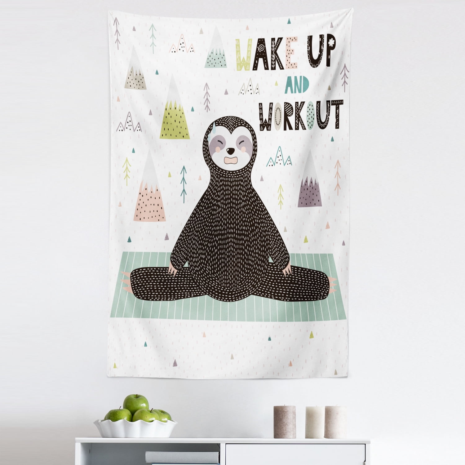 Funny Sloth Tapestry, Wake up and Work out Lettering Morning Yoga ...