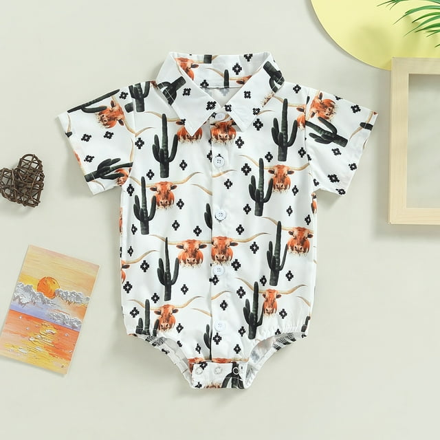 Lamuusaa Baby Boy Shirt Romper, Short Sleeve Cow Print Button Down Lapel Bodysuit Newborn ...