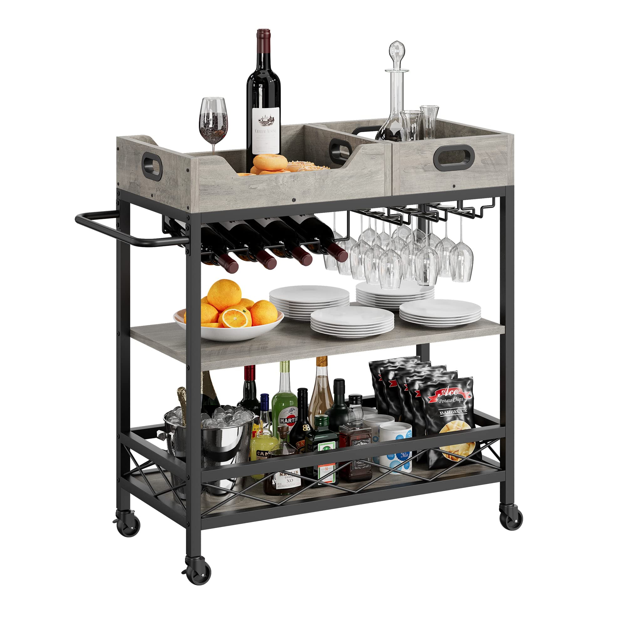 3-Tier Bar Cart, Serving Cart with Wheels, Industrial Style Wine Cart ...