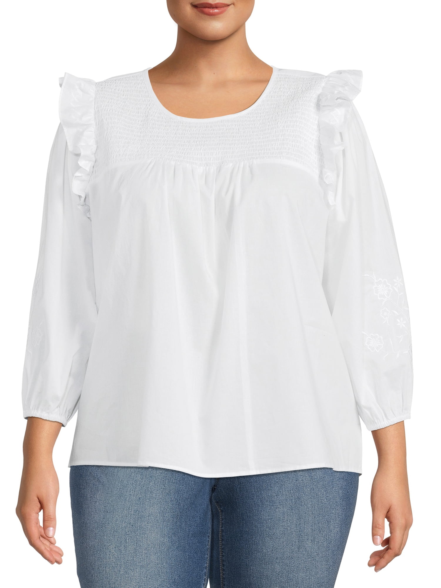 Terra & Sky Women's Plus Size Smocked Yoke Top with Ruffle Sleeves ...