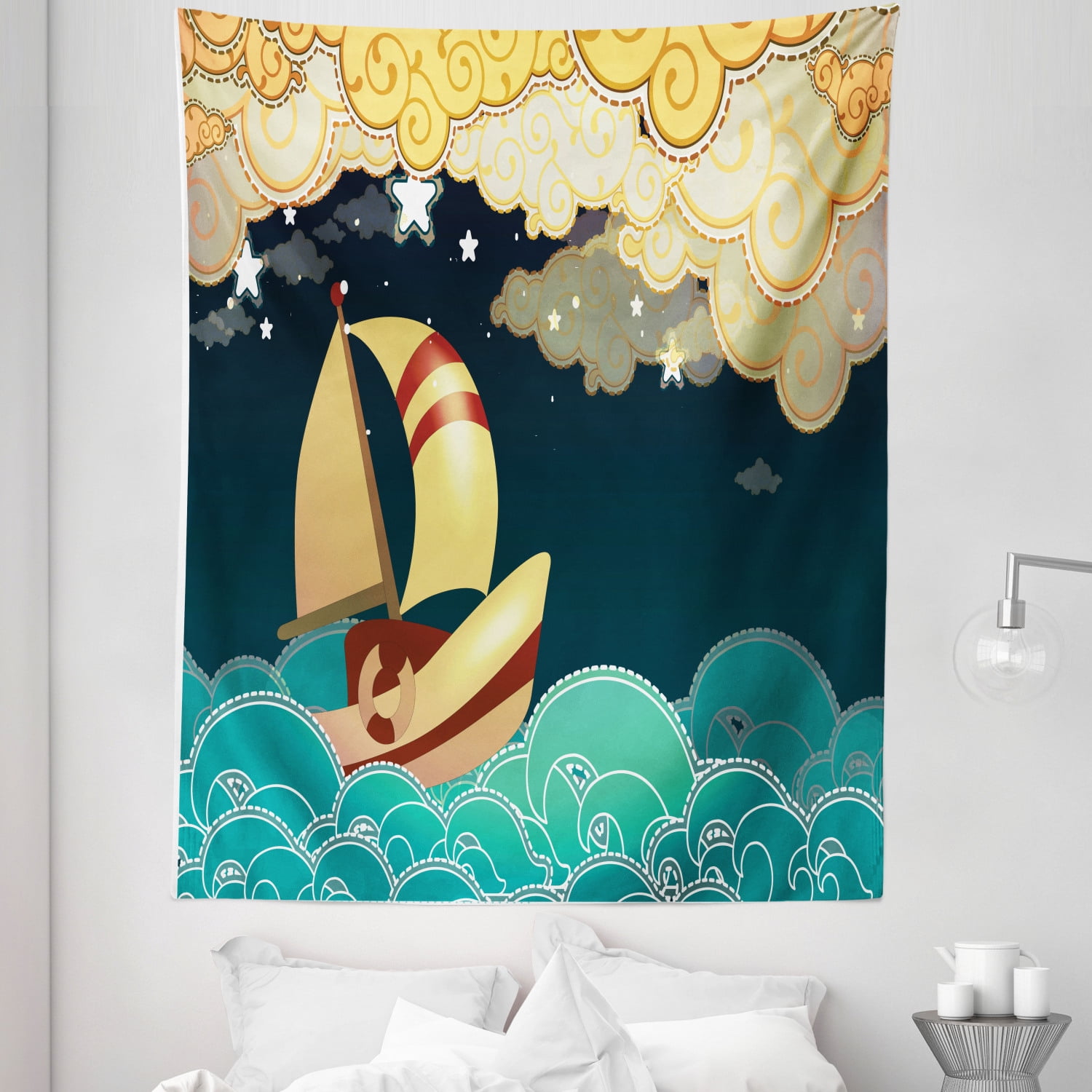 Ship Tapestry, Fantasy Illustration Night Time Sailing Ship on Curly ...