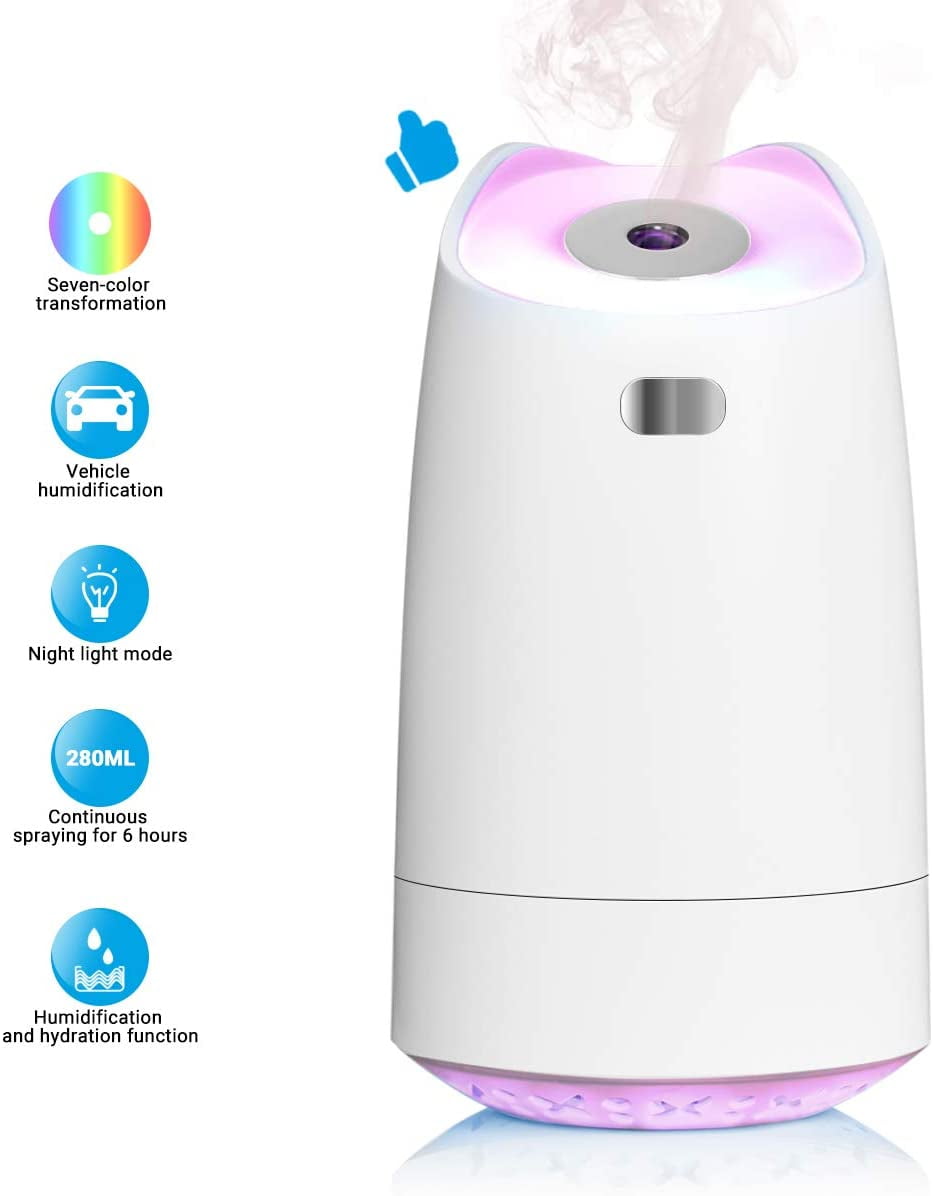 USB Humidifier, 280ml Mini Portable Humidifier with 7-Color LED Night ...