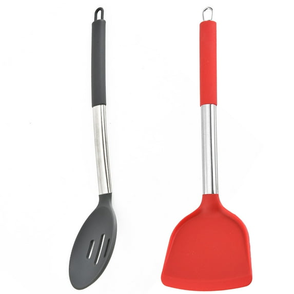 Pack of 2 Large Silicone Cooking tool, Slotted and Solid Stainless ...