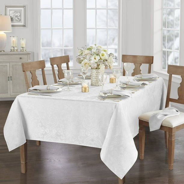 Caiden Elegance Damask Tablecloth - 60" x 84" Oblong - White - Elrene ...