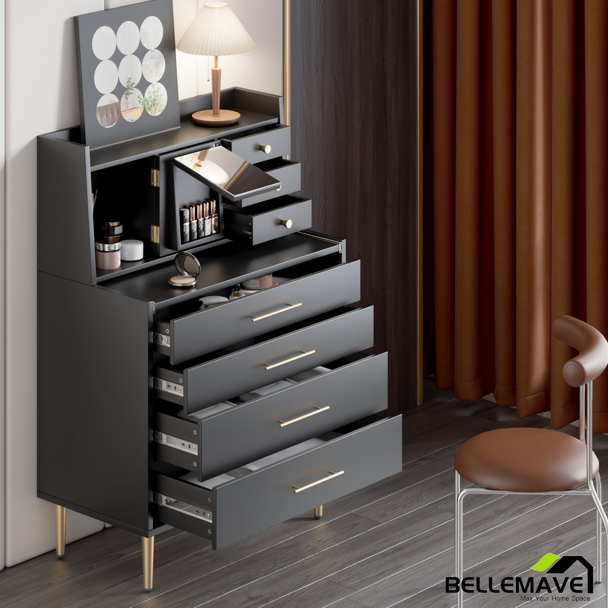 Bellemave Black Vanity Makeup Table with 7 Drawers, Mirror and ...