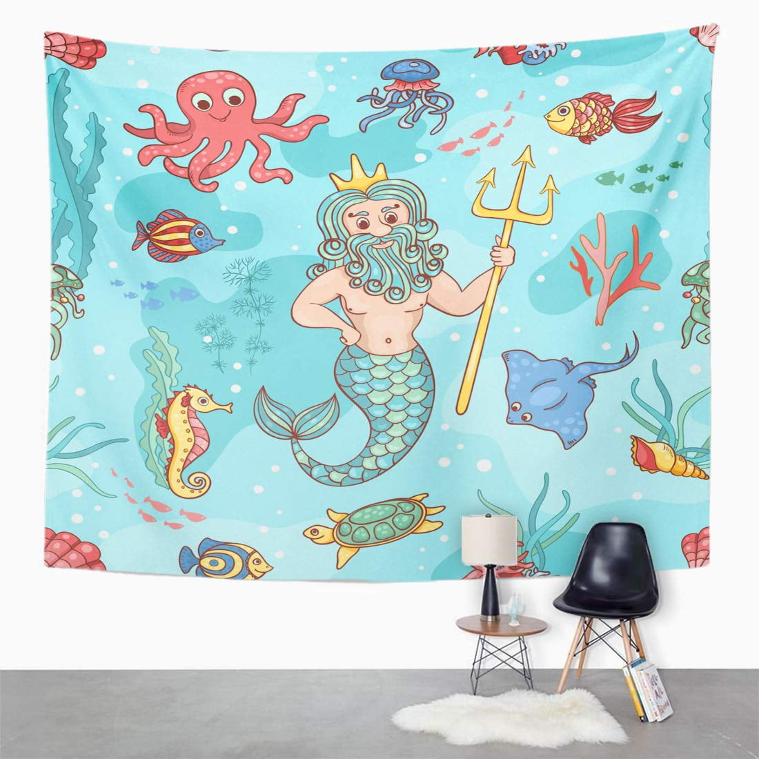 ZEALGNED Blue Sea Neptune Children Fairy King Mermaid Mythology Wall ...
