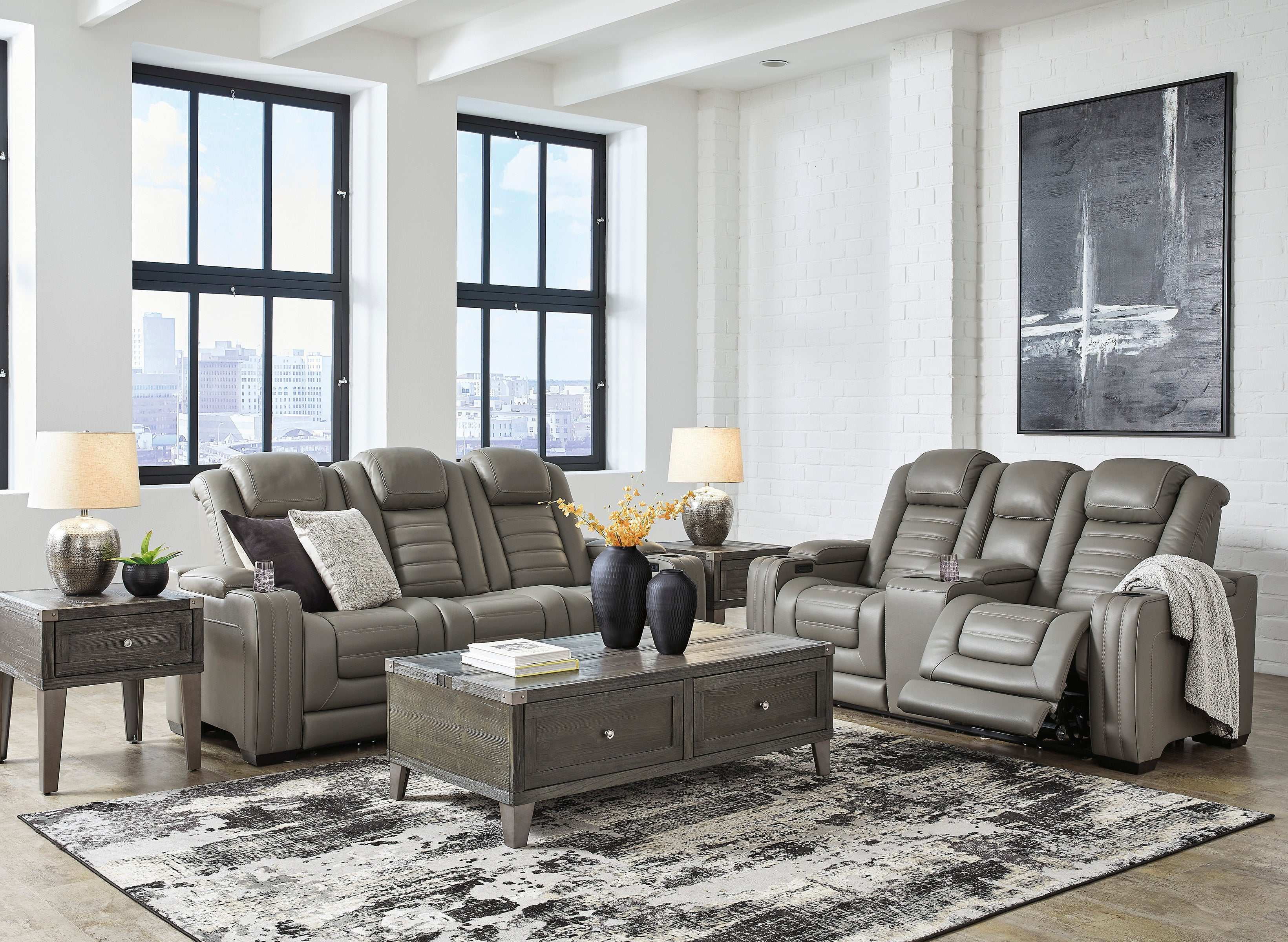 Ashley Furniture Backtrack Leather Reclining Sofa with Headrest in Light Gray Walmart
