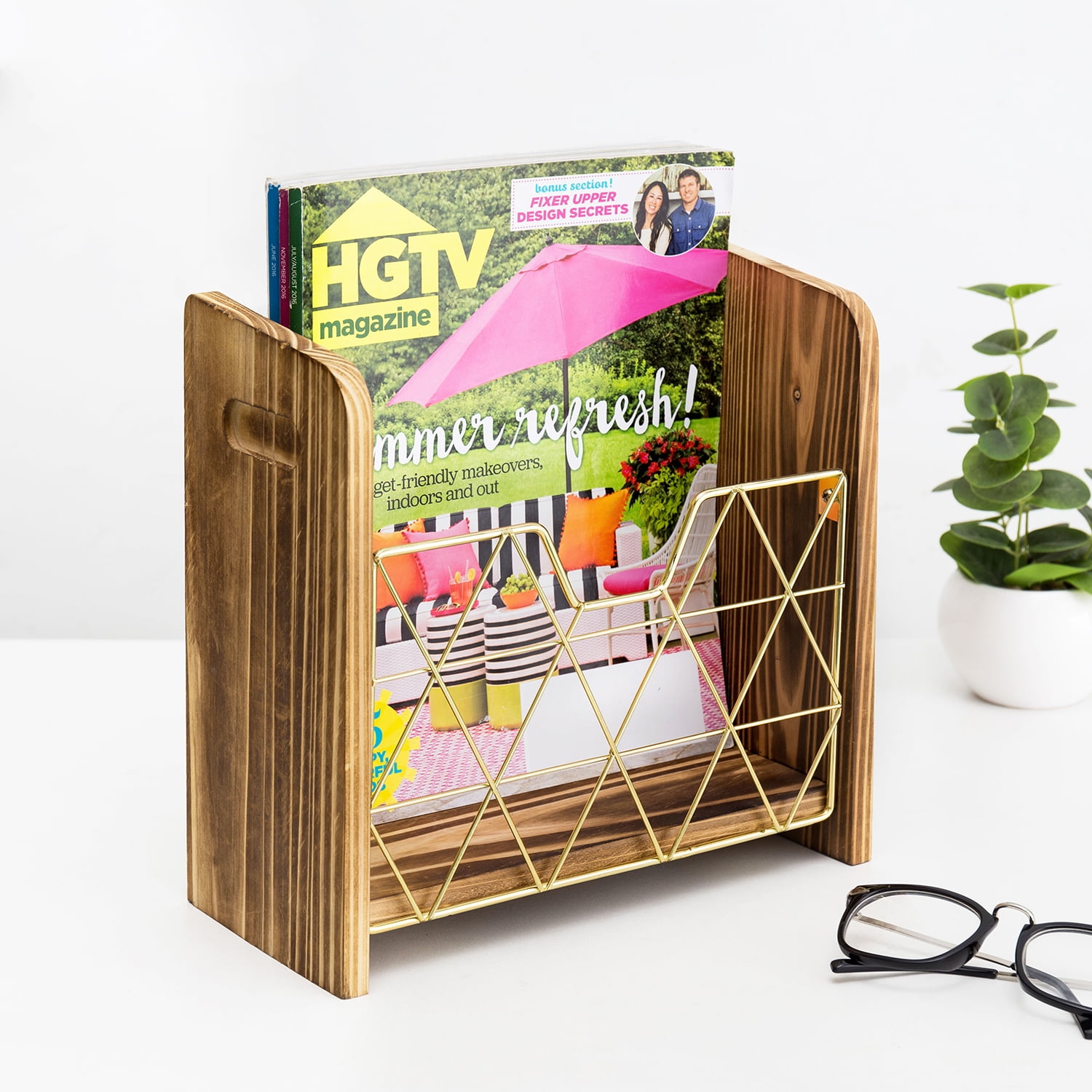 MyGift Rustic Burnt Wood and Geometric Brass Wire Wall Mounted Magazine ...