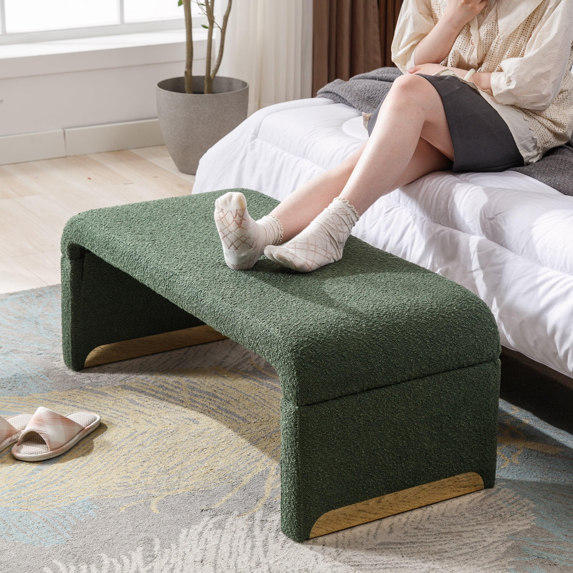Modern Ottoman Bench, Upholstered Boucle Fabric Footstool Bedroom Bench ...