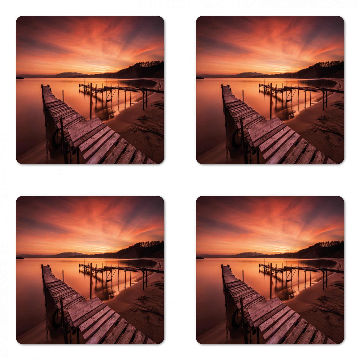 Orange Coaster Set of 4, Old Rustic Pier on the Beach and Romantic ...