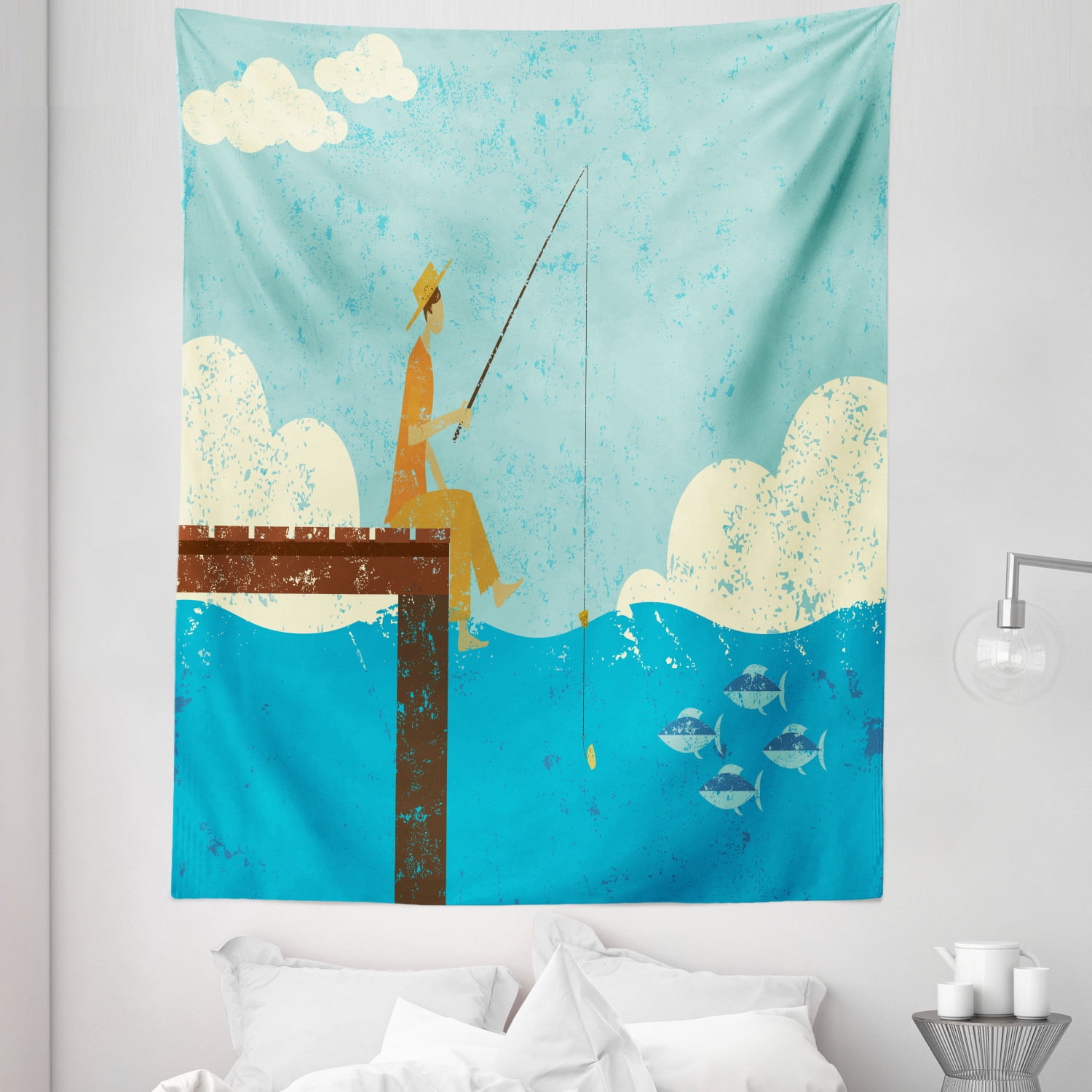 Fish Tapestry, Fishing Man with Rod Sitting on the Pier Little Fishes ...