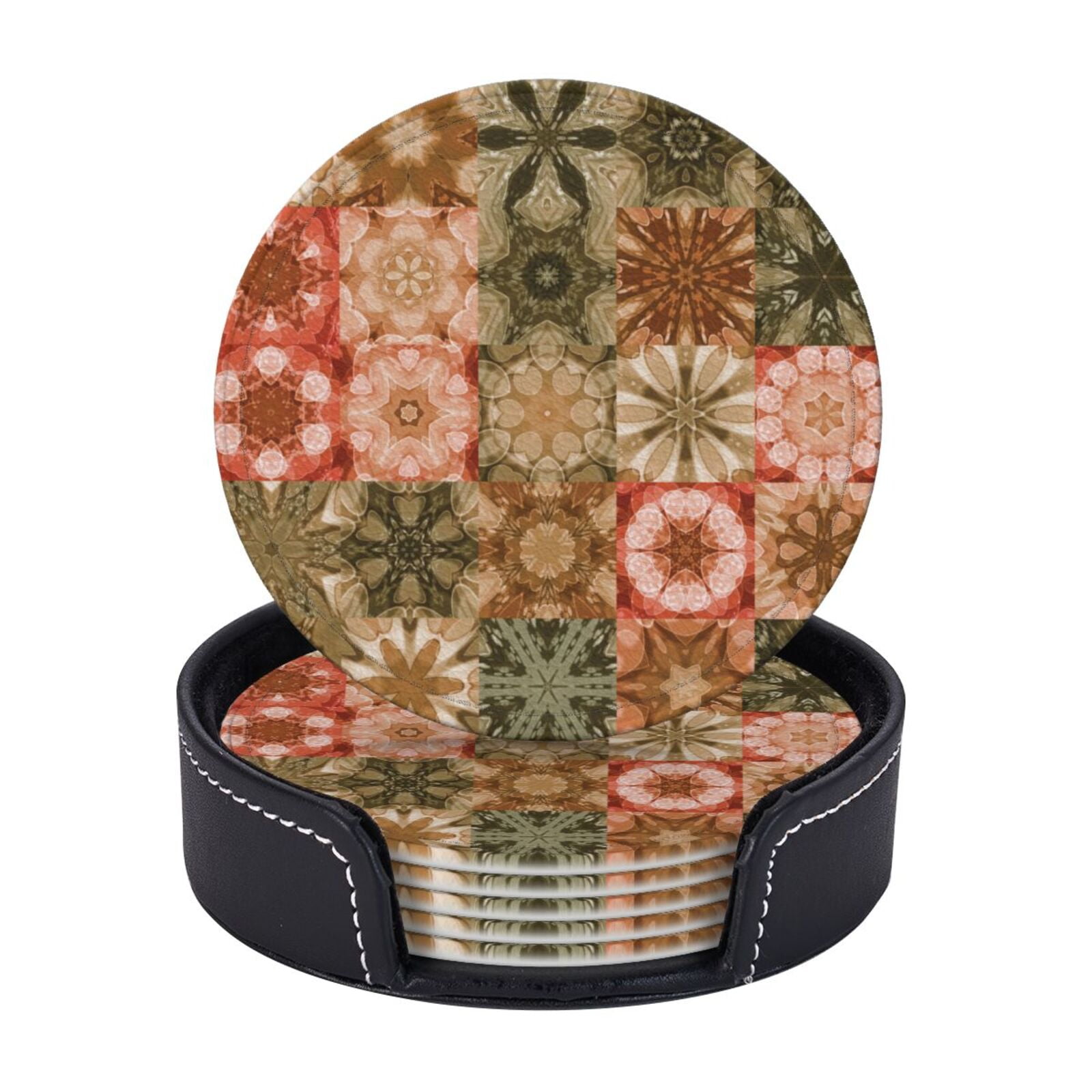 LNWH Coasters, Colourful Spiral Mandela Leather Round Coasters Set of 6 ...