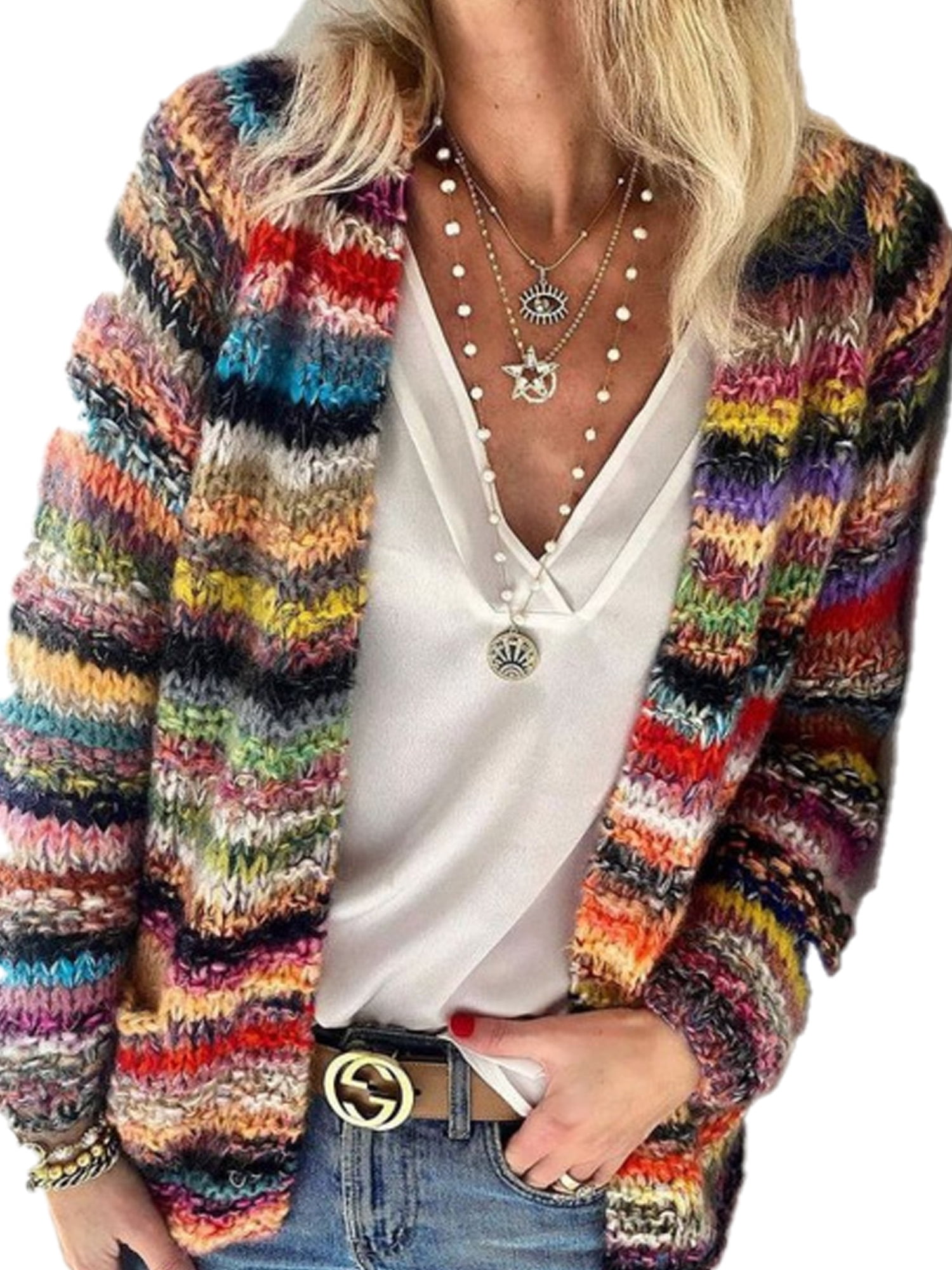 CenturyX Womens Rainbow Cardigan Sweater Long Sleeve Multicolor Striped ...
