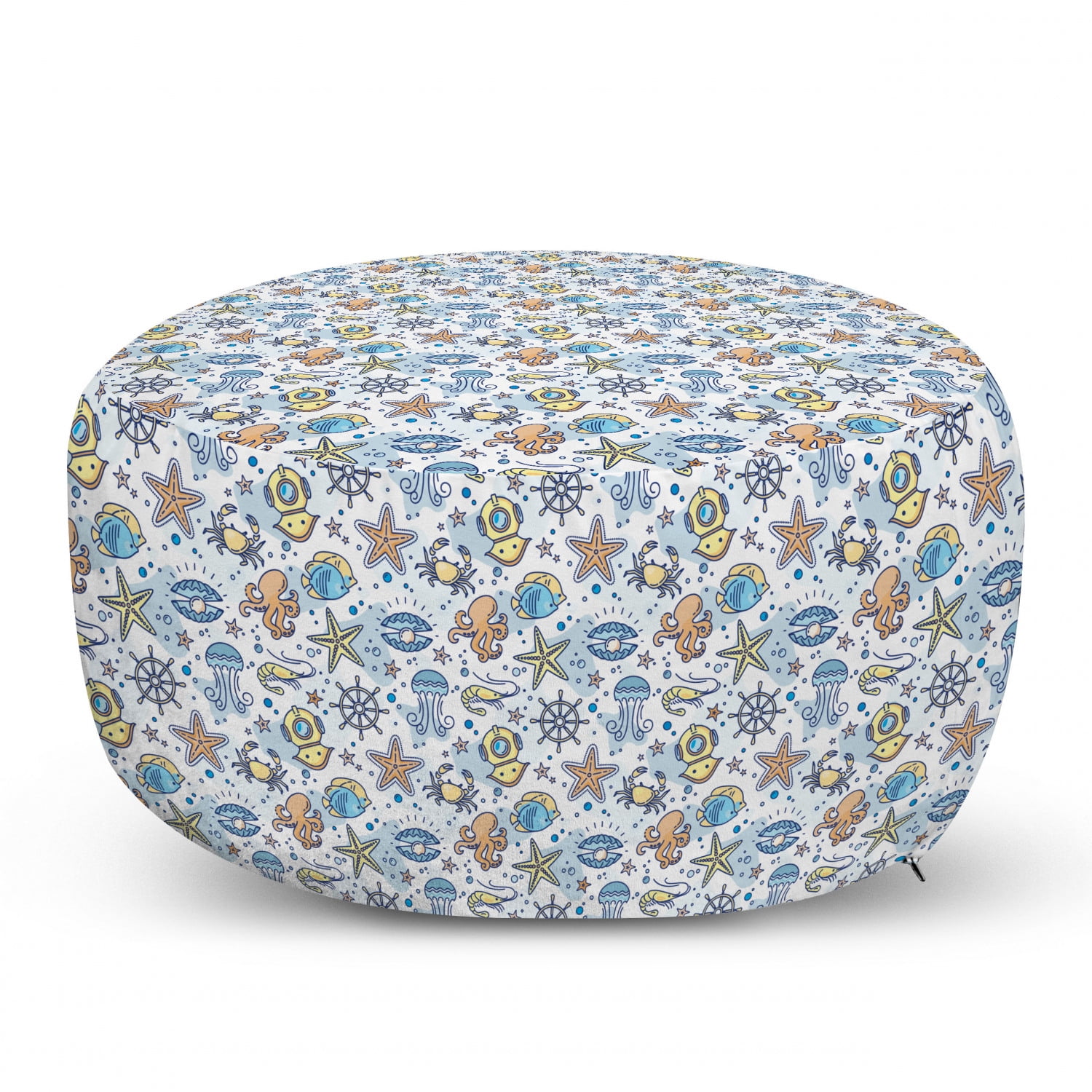 Nautical Pouf Cover with Zipper, Pattern of Octopus Starfish Oceanic ...