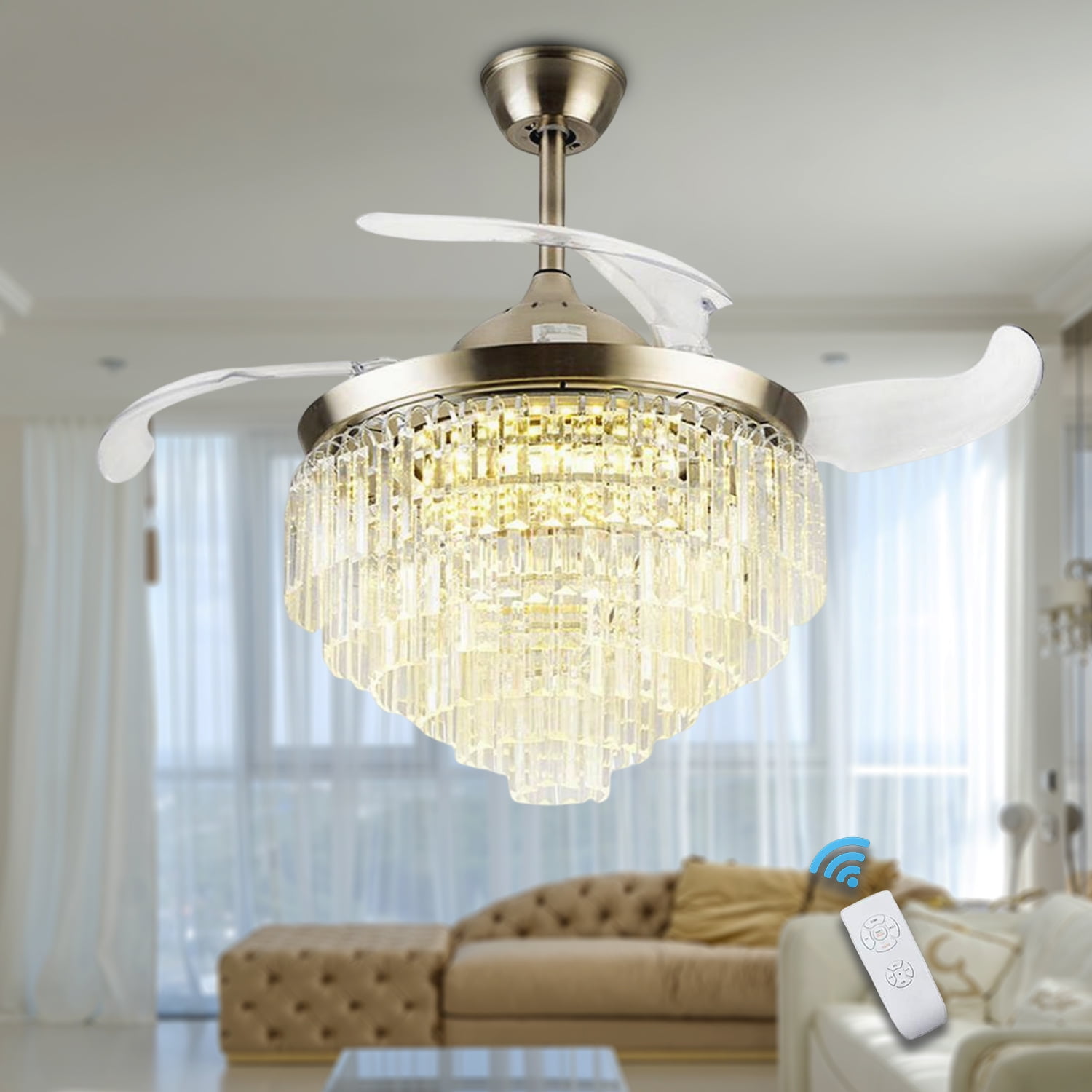 KPIBEST 42" Crystal Chandelier Fan with Retractable Blades,Luxury ...