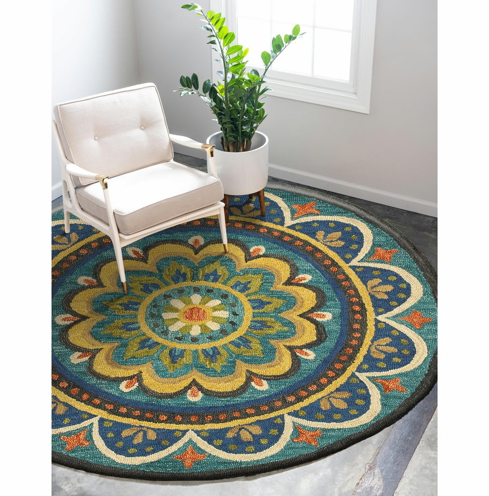 LR Home Dazzle Tufted Blue Floral Medallion Border 4 Ft. Round Rug ...