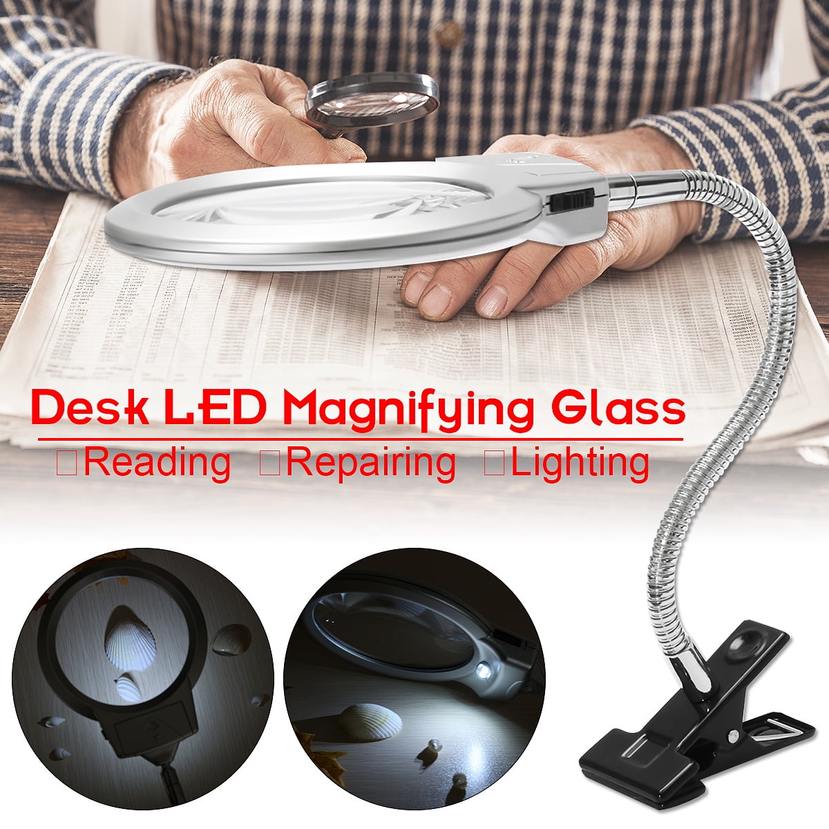 Large Lens Magnifier Lighted Lamp Top Desk Magnifying Glass Battery ...
