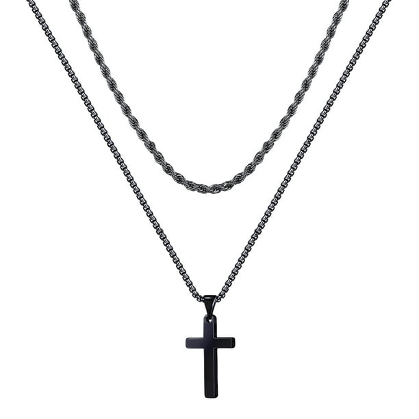 TINGN Cross Necklace for Men Boys Mens Stainless Steel Black Chain ...