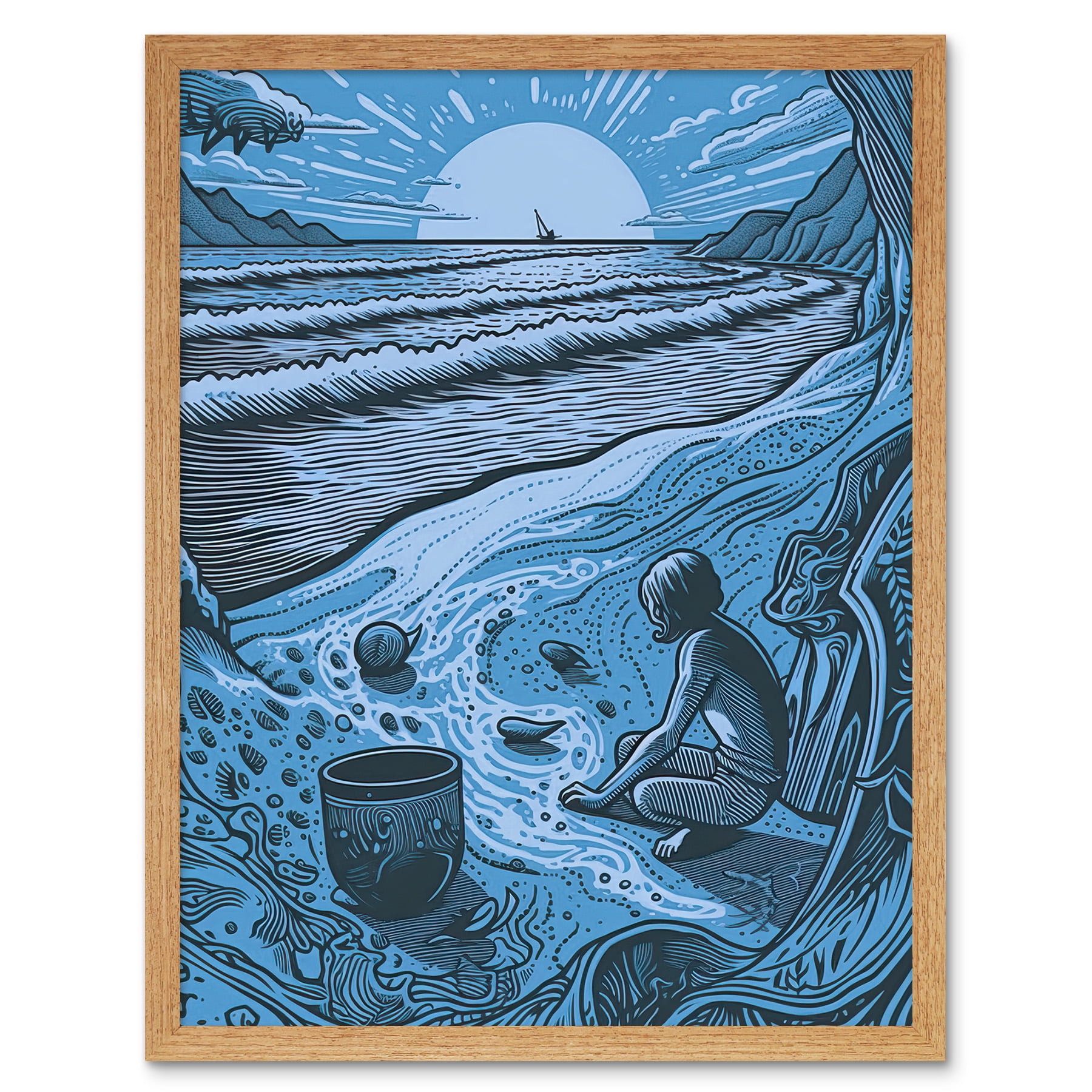 Beachcombing Coastal Landscape Blue Illustration Art Print Framed ...