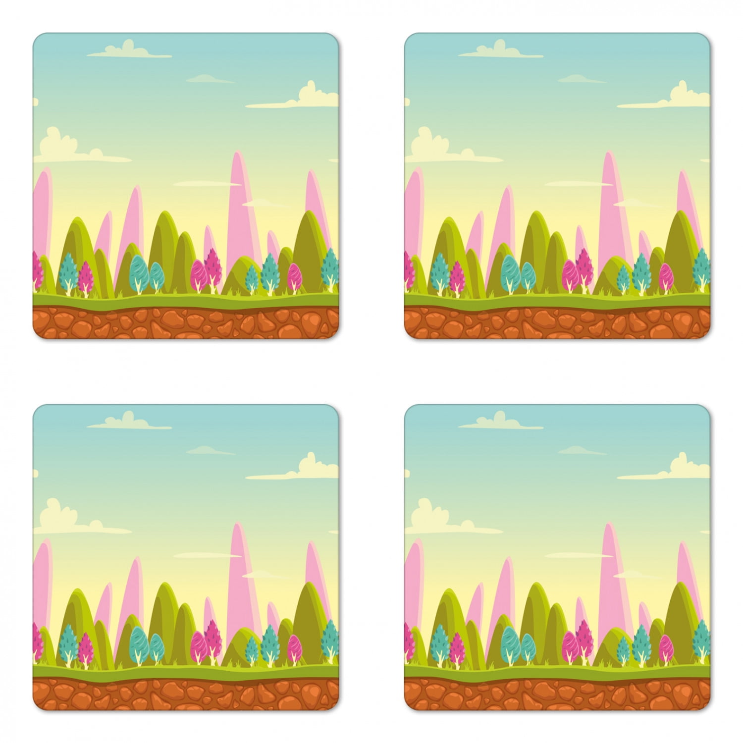 Forest Coaster Set of 4, Fantasy Cartoon Landscape Colorful Trees ...