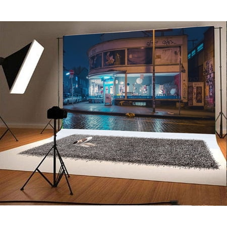EREHome Polyester Fabric 7x5ft Shop Open Backdrop City Night View Road ...