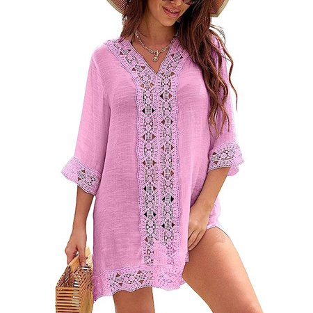 Daeful Women Beach Cover Up Short Sleeve Swimsuit Coverup Holiday Lace ...