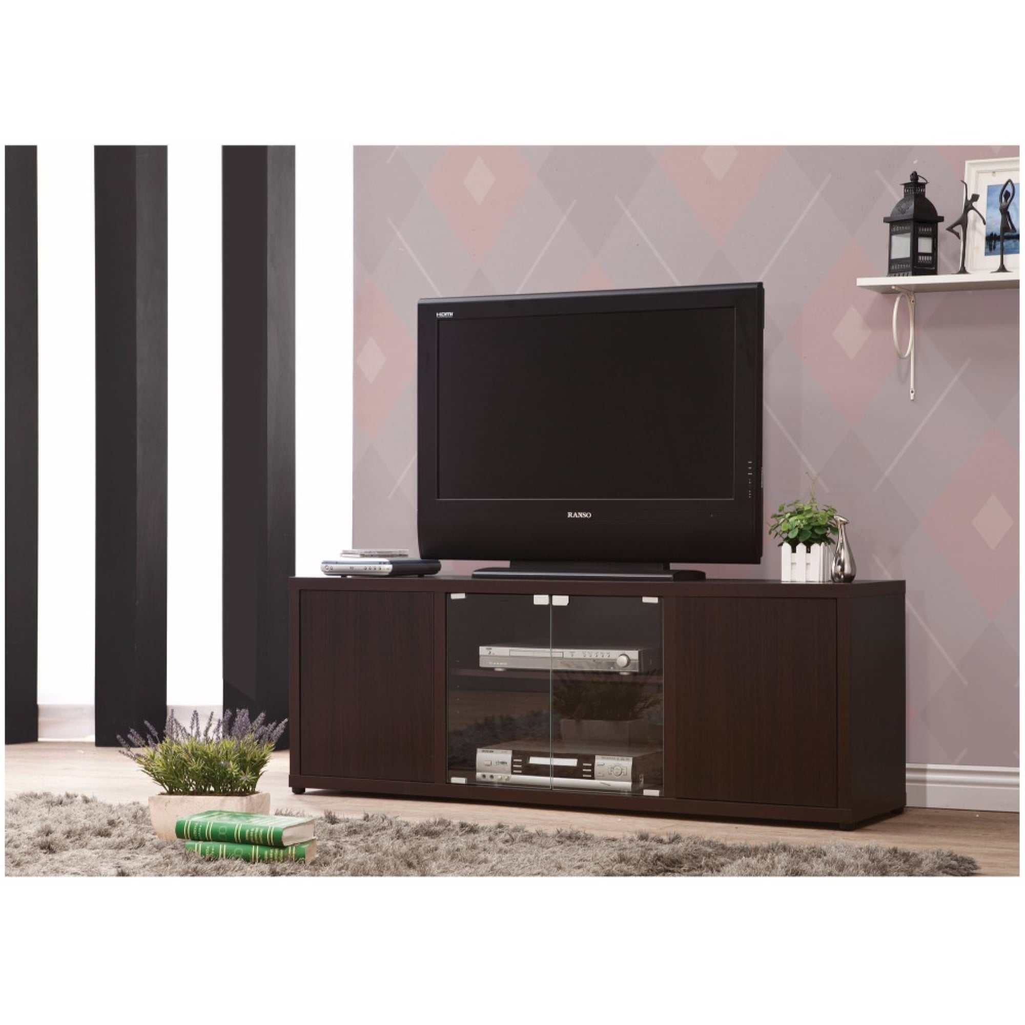 Elegant TV console with Push to Open Glass Doors, Brown - Walmart.com