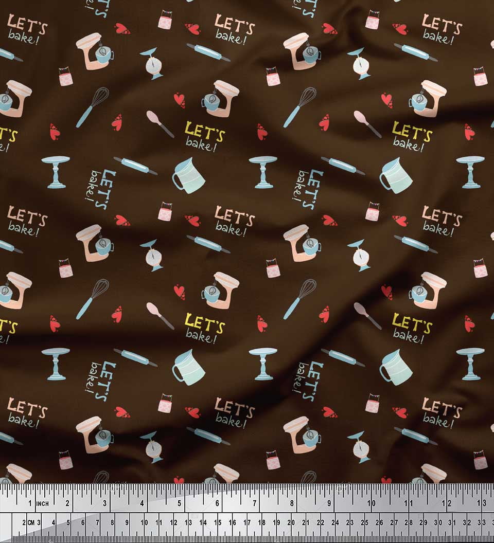 Soimoi Brown Silk Fabric Lets Bake Kitchen Print Fabric by the Yard 42 ...