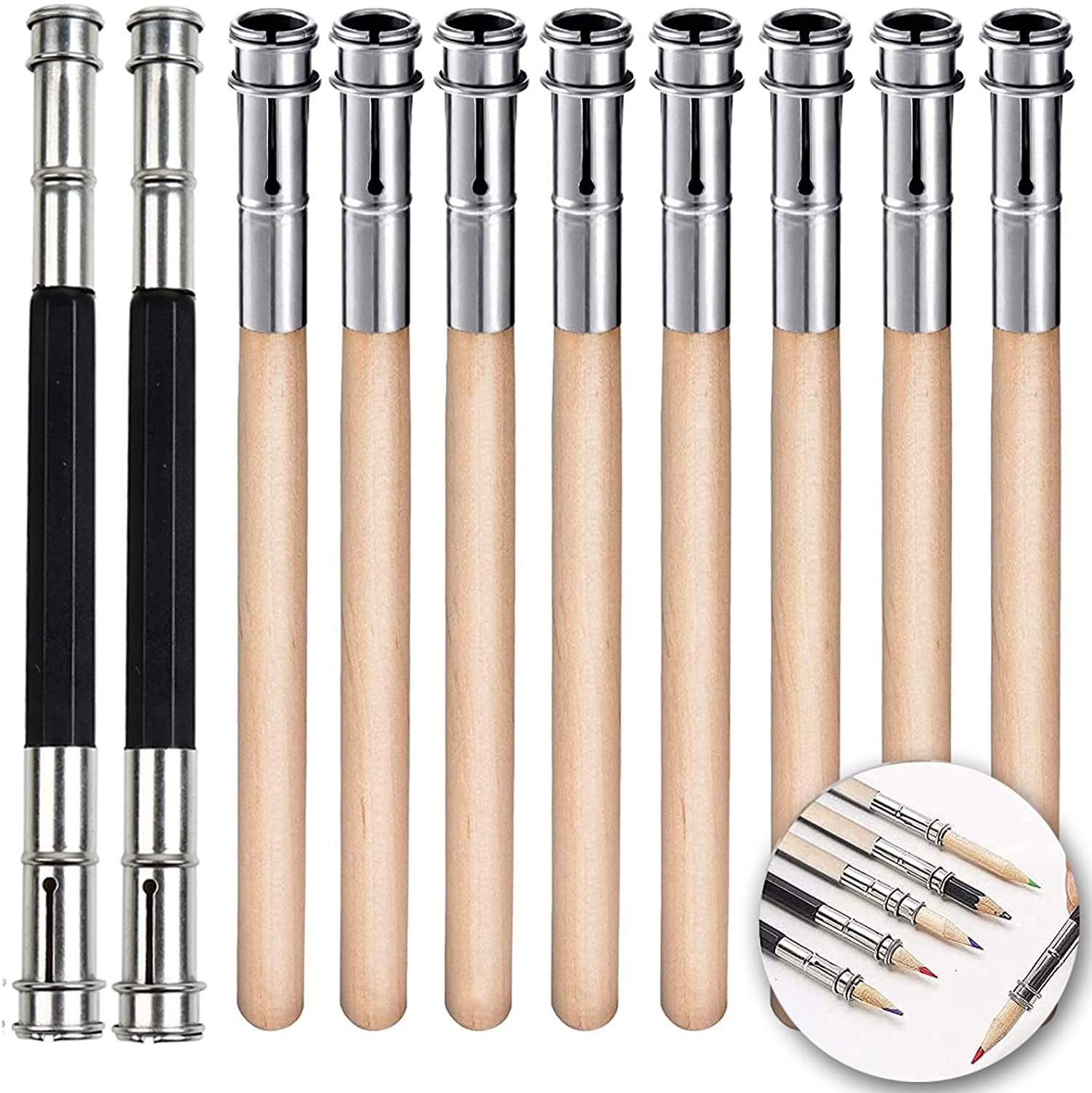 10 Pieces Wooden Pencil Extenders Art Crayon Extension with Aluminum ...