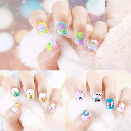 72 PCS Children False Nails Press on Artificial Nail Tip Cute Cartoons ...