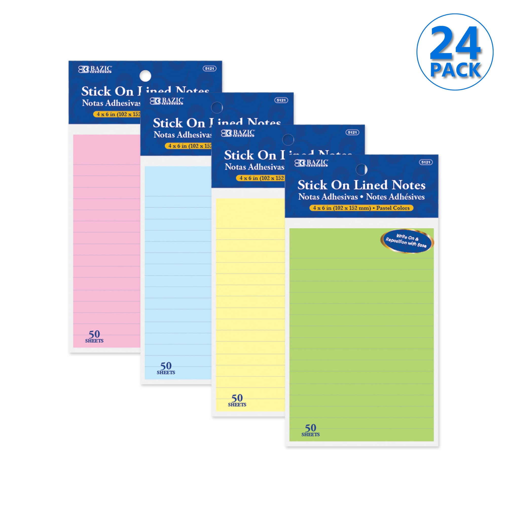 BAZIC Sticky Notes 4x6 Lined Ruled Assorted Color, (50 Sheets/Pack), 24 ...