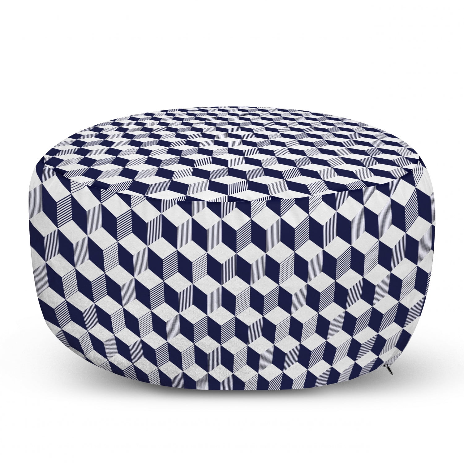 Navy Blue Pouf Cover with Zipper, Abstract Cube Shape Striped Geometric ...