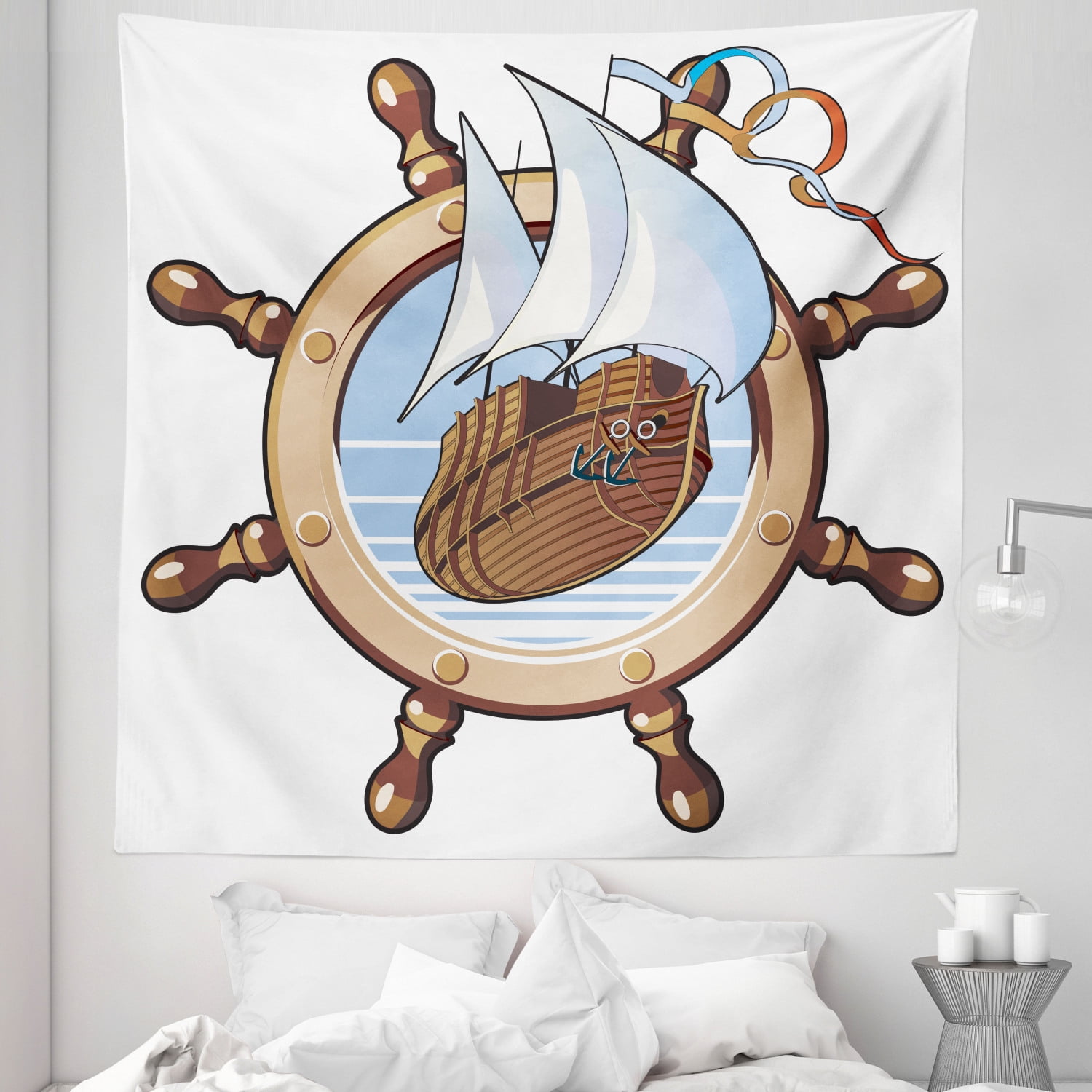 Nautical Tapestry, Image of Ship Is in Framing of Steering Wheel ...