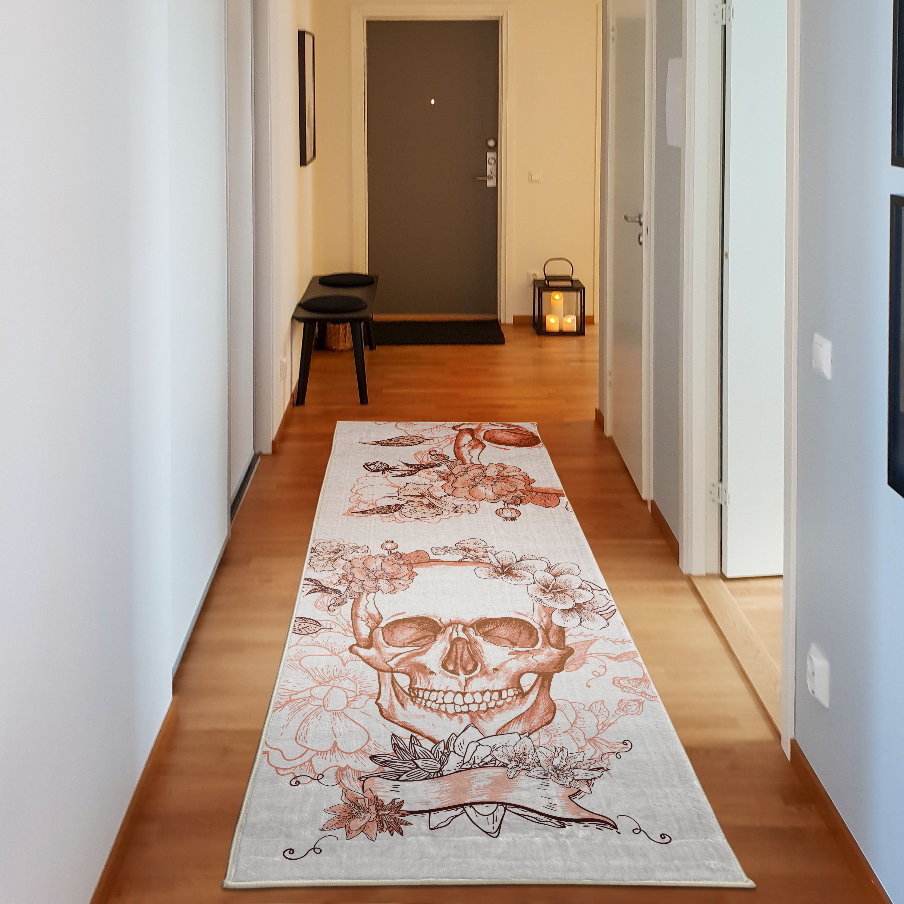 Grunge Decorative Rug, Skull and Flowers Day of the Dead Mexican ...